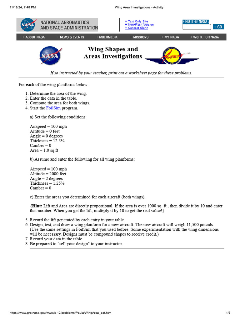 Wing Area Investigations - Activity | PDF | Wing | Aircraft
