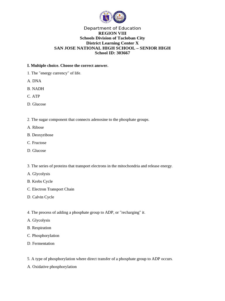 Gen Bio 2nd Quarter Exam | PDF | Cellular Respiration | Adenosine ...