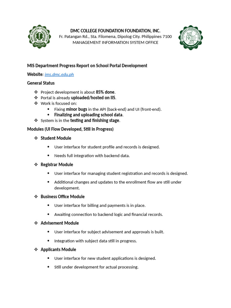 MIS Progress Report On School Portal Development | PDF