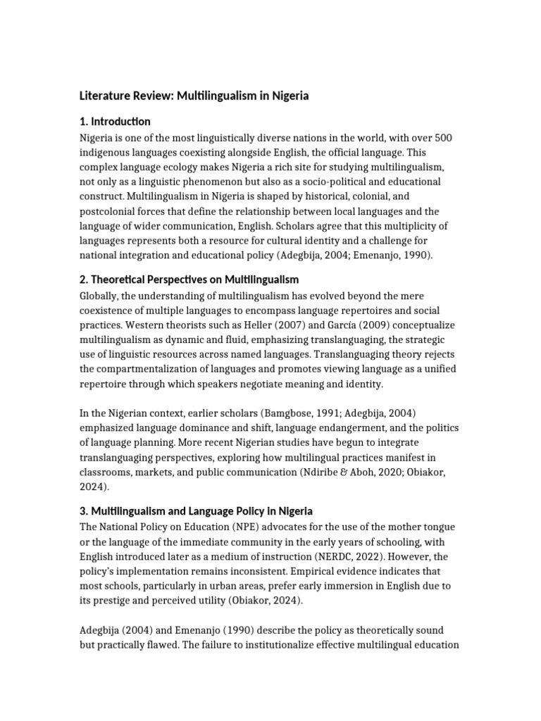 Literature Review Multilingualism Nigeria Amen Adediran | PDF ...