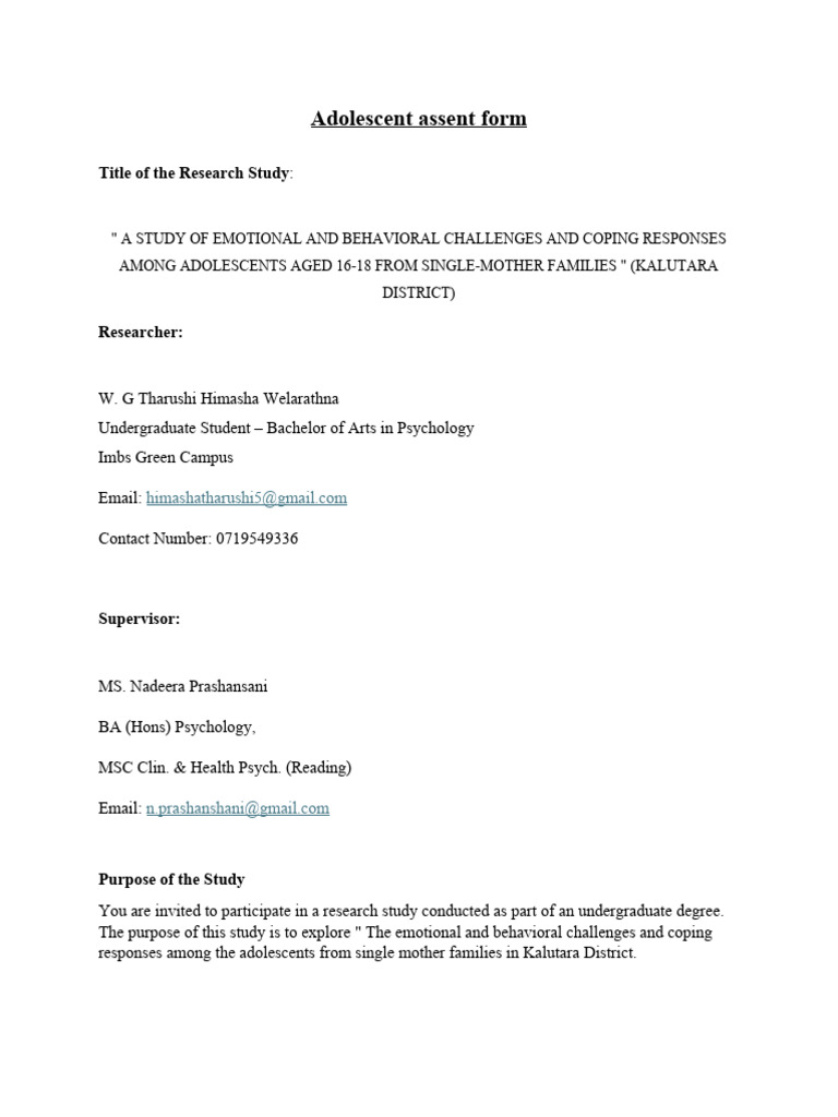 Adolescent Assent Form | PDF | Adolescence | Social Psychology