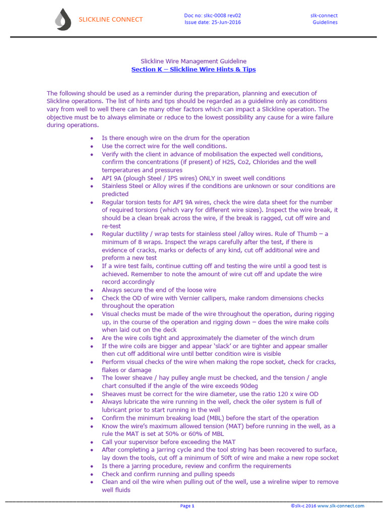 Section K Slickline Wire Hints Tips Rev02 | PDF | Wire | Mechanical Engineering