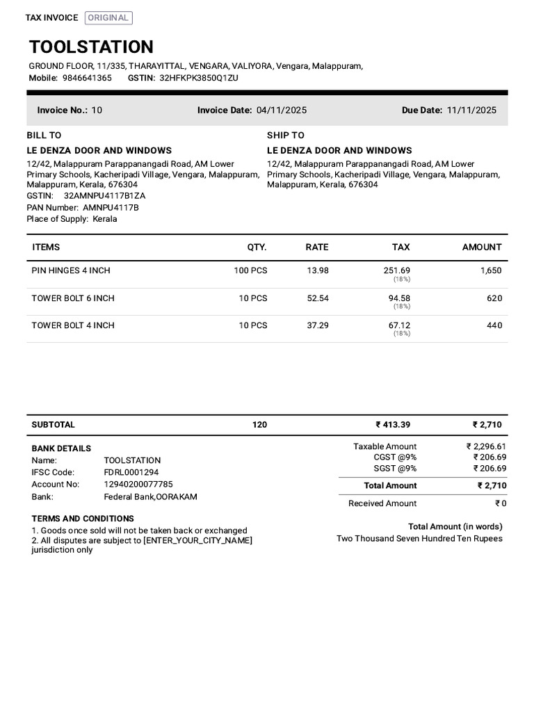 Invoice for Le Denza Windows & Doors | PDF | Invoice | Public Finance