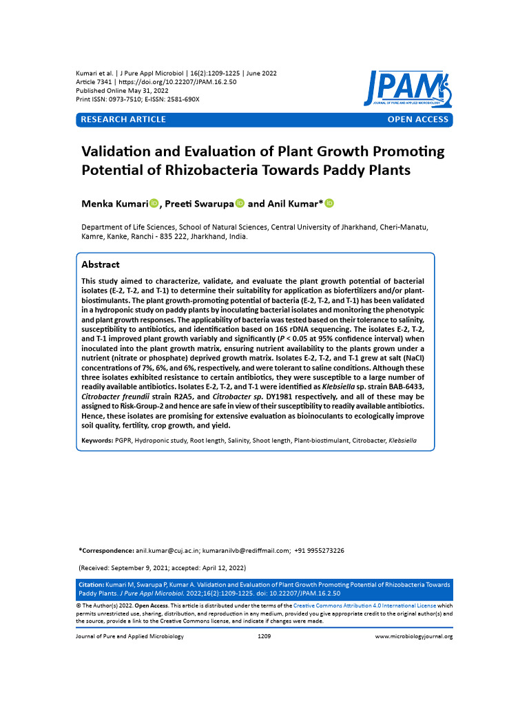 M P A Valid Eval PGPP of Rhizobacteria June 2022 JPAM Vol 16 Issue2 P ...