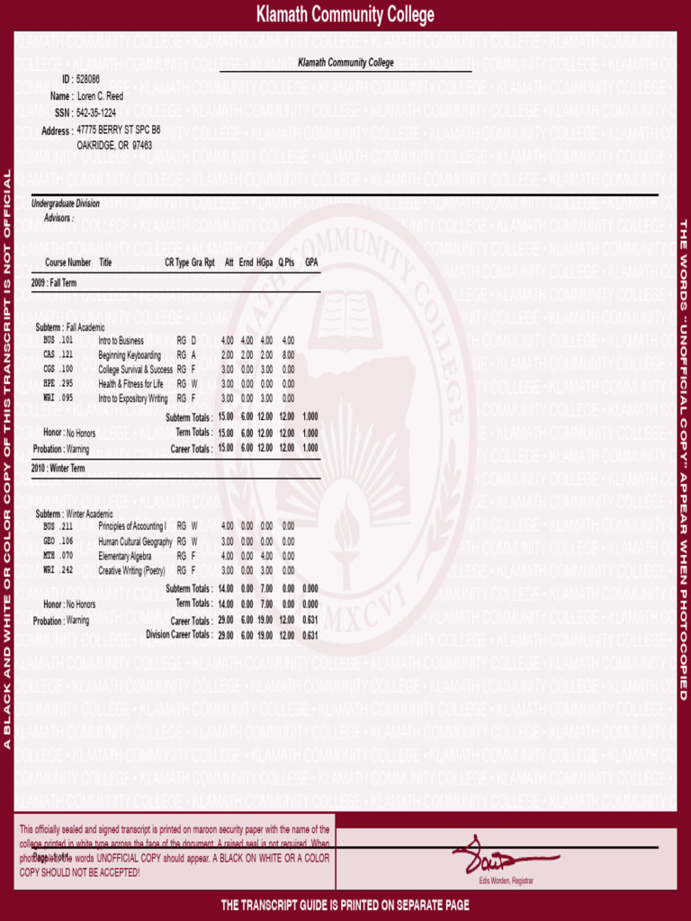 Loren Reed Klamath Community College Transcript | PDF | Educational ...