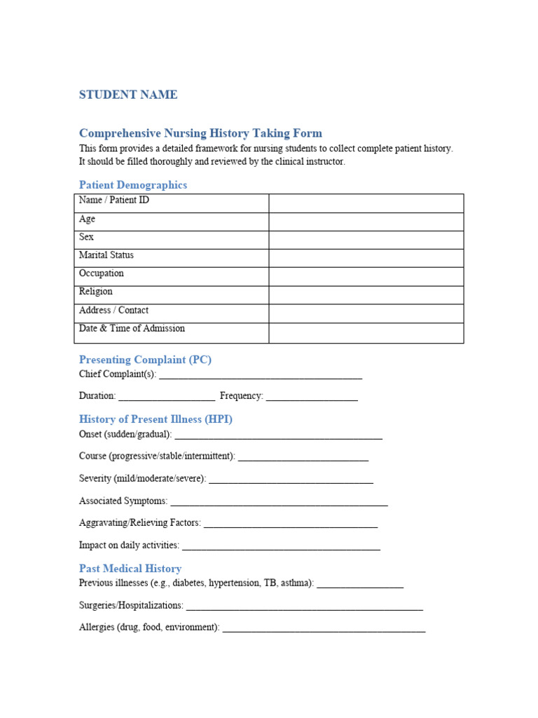 Detailed Nursing History Taking Form | PDF | Diseases And Disorders ...