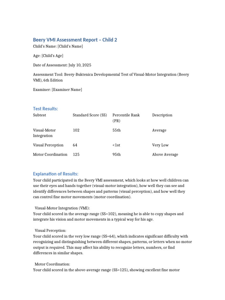 Beery VMI Assessment Results for Child | PDF | Behavioural Sciences ...