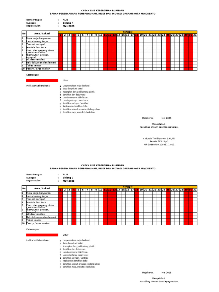Checklist Kebersihan Ruangan Mojokerto | PDF