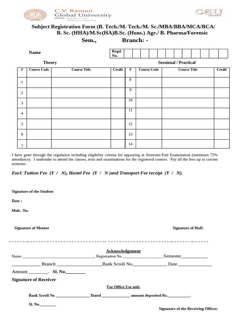 Subject Registration Form for Students | PDF | Career And Technical ...