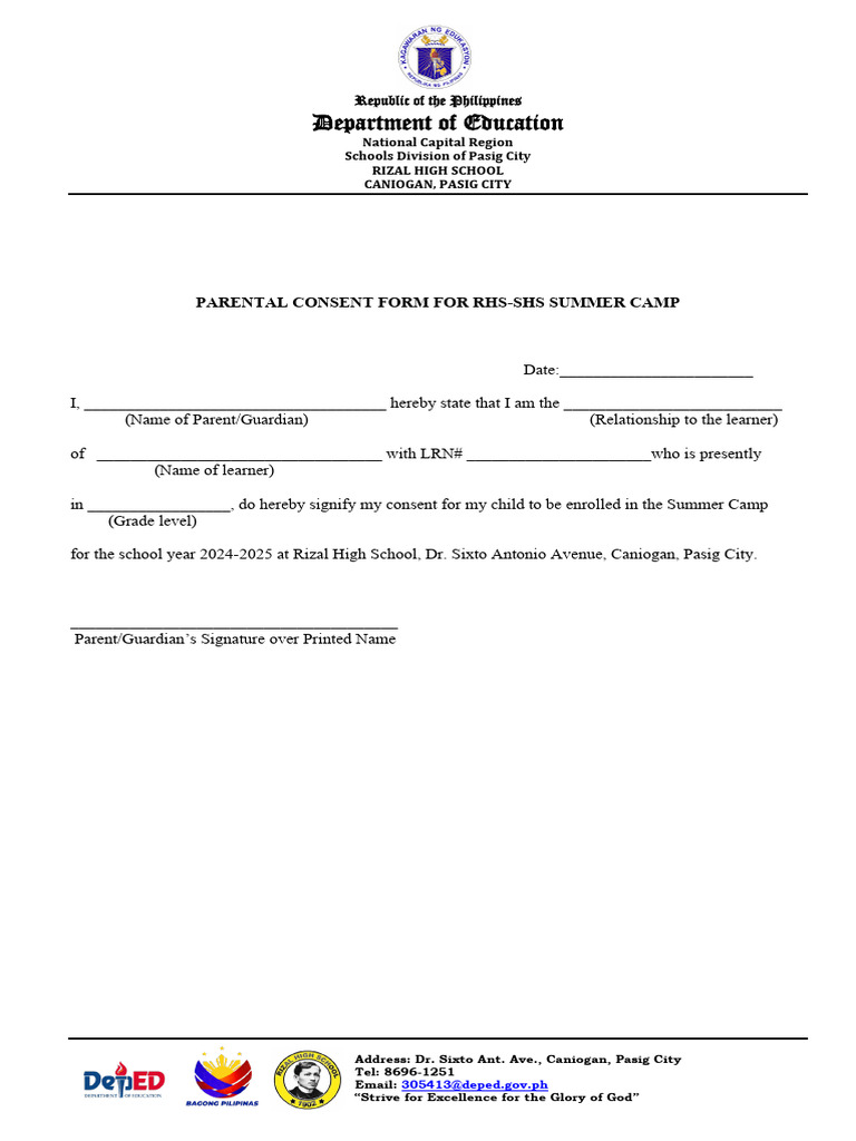 Summer Camp Parental Consent | PDF