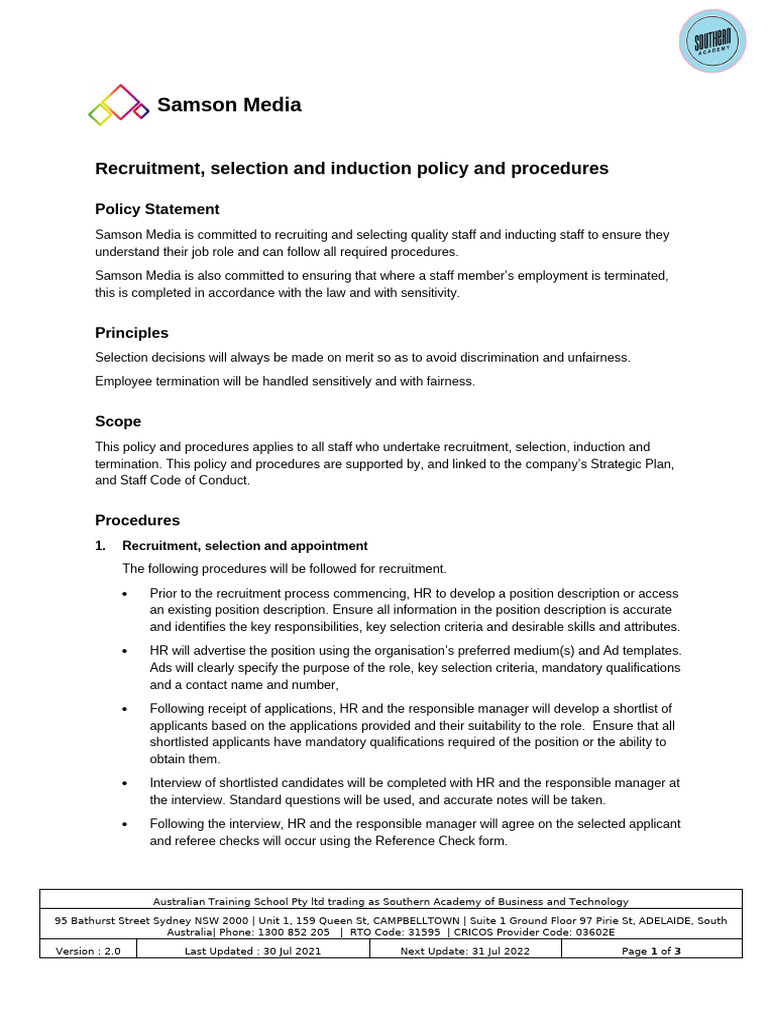 Samson Media Recruitment Policy Guide | PDF | Recruitment | Business