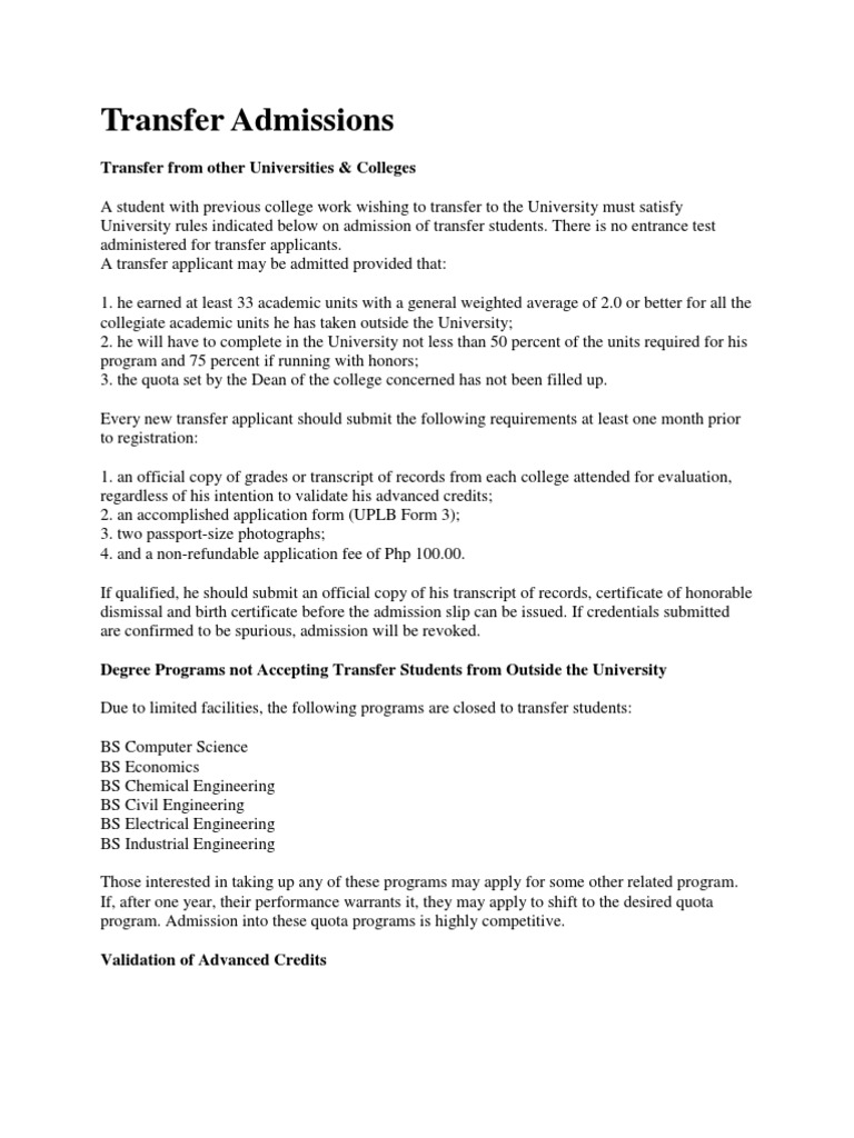 Transfer Admissions | PDF | University And College Admission | Bachelor ...