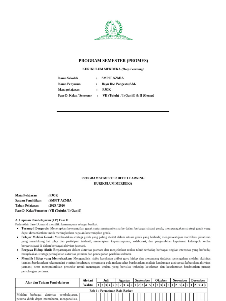 Promes PJOK SMPIT Azmia 2025/2026 | PDF