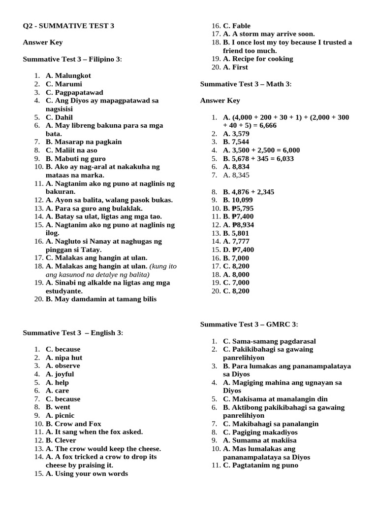 Summative Test 3 Answer Key | PDF