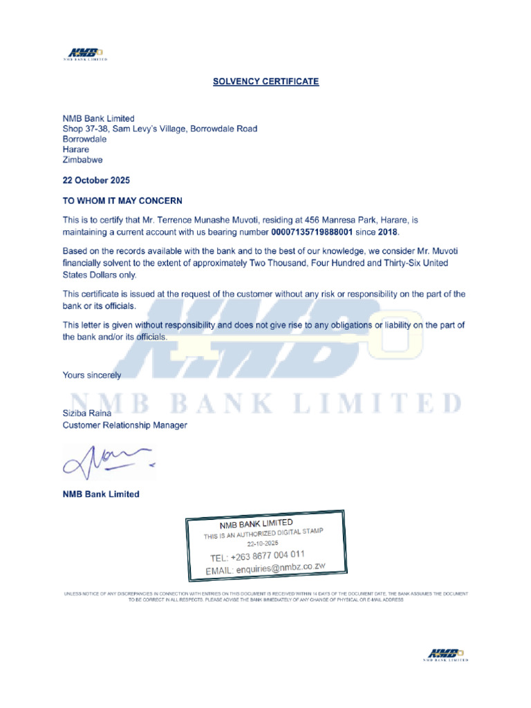Solvency Certificate Terrencef | PDF