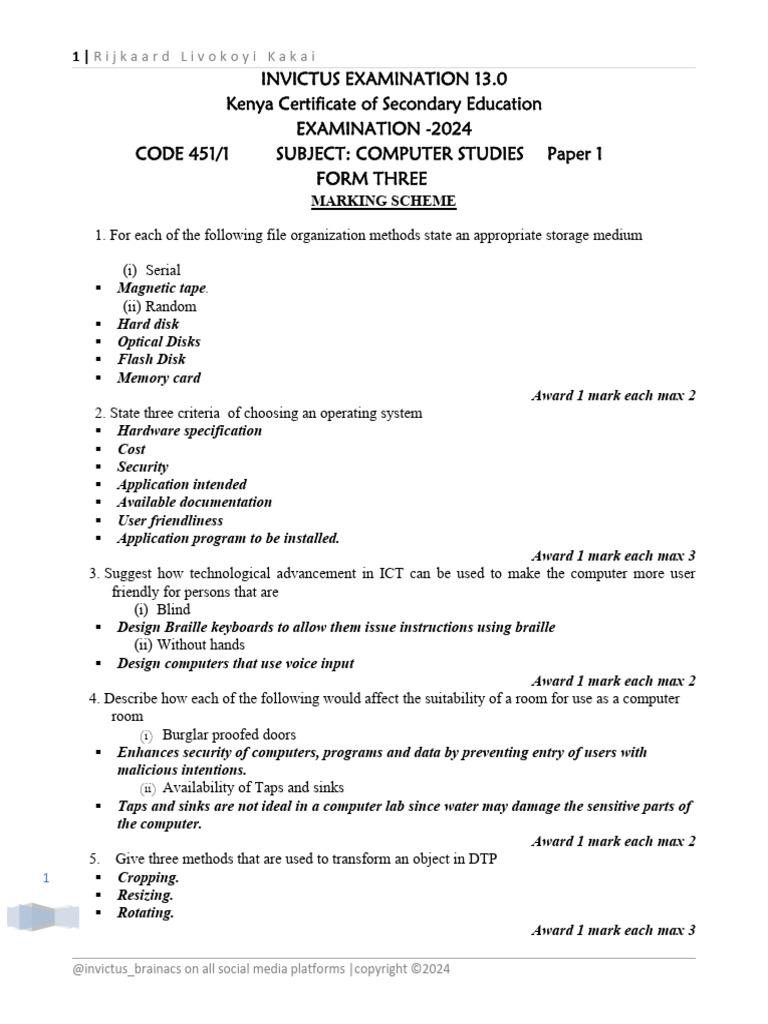 Computer Studies - Computer Studies - Marking Scheme | PDF | Computer ...