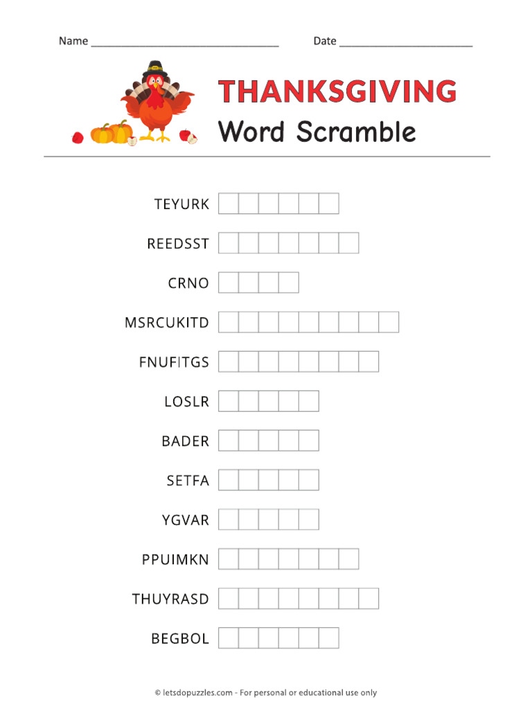 Thanksgiving Word Scramble | PDF