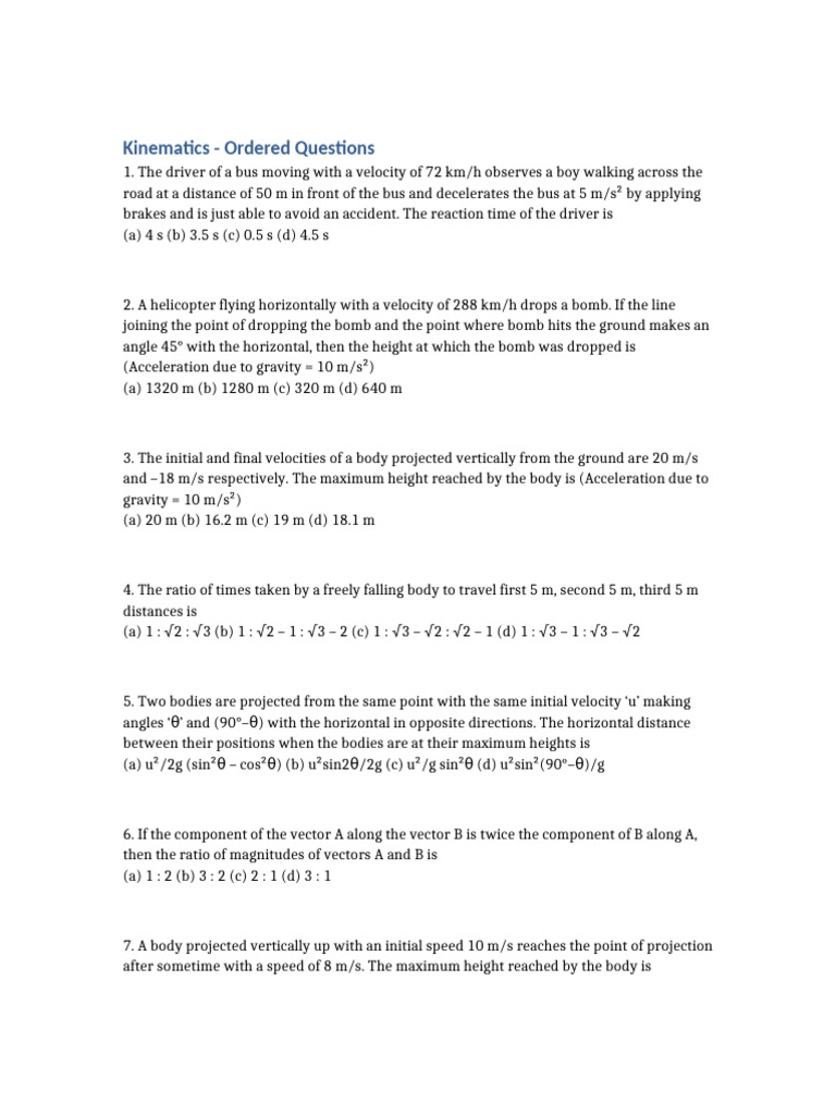 Kinematics Practice Questions and Solutions | PDF | Acceleration ...