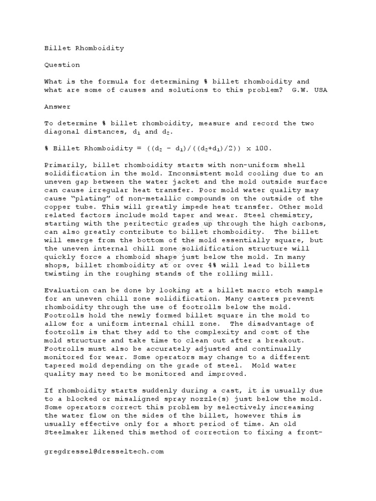 Billet Rhomboidity | PDF | Rolling (Metalworking) | Steel