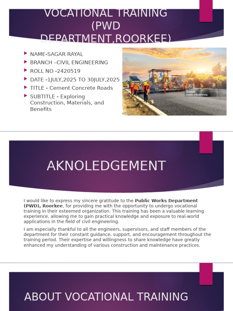 VOCATIONAL TRAINING PPT Intership PWD Civil | PDF | Concrete | Road Surface
