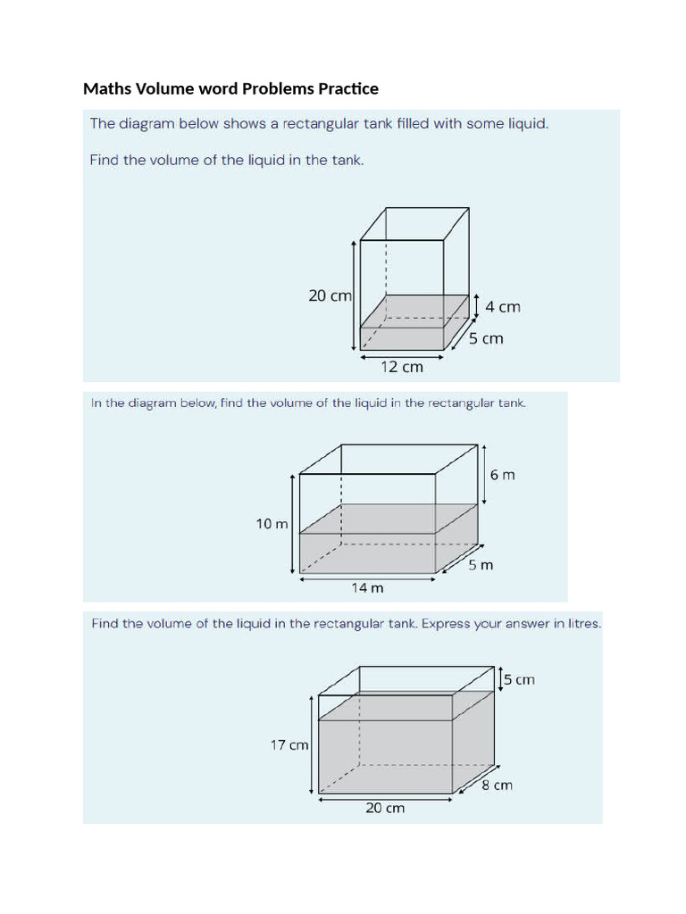 Maths Volume Word Problems Practice p5 | PDF