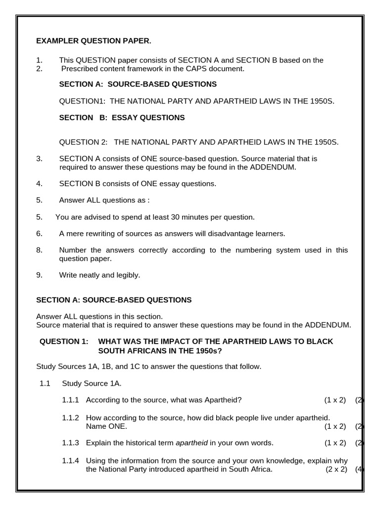 Social Science History Grade 9 Exampler Question Paper | PDF ...