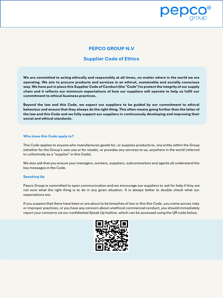 PEPCO Supplier Code of Ethics Guide | PDF | Bribery | Labour Law