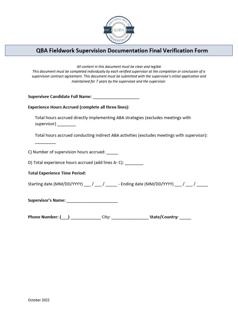 QBA Supervision Documentation Form | PDF | Certification