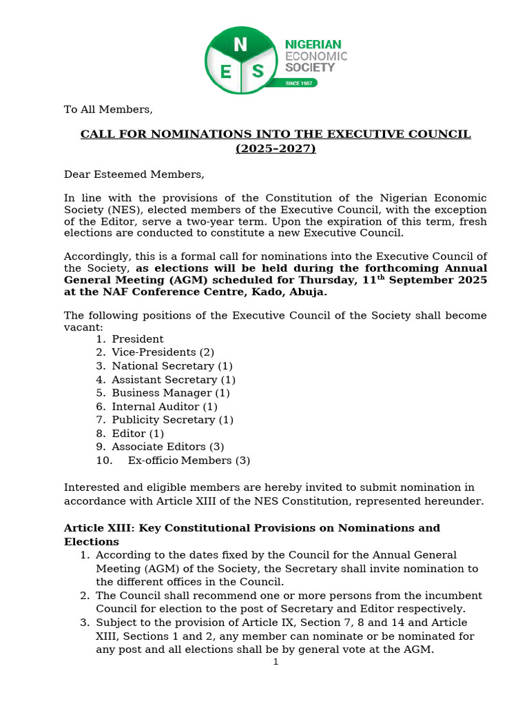 Nominations Open for NES Executive Council | PDF | Accountability ...