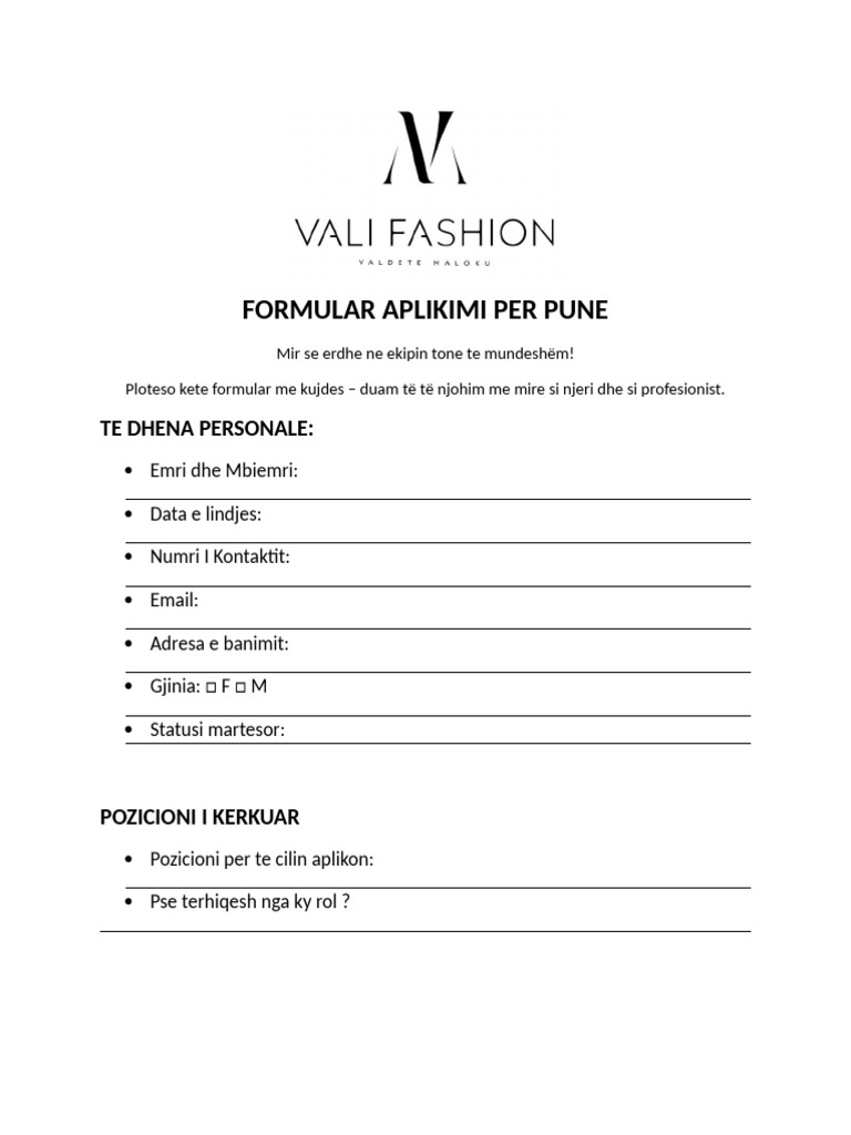 Formular Per Aplikim Pune | PDF