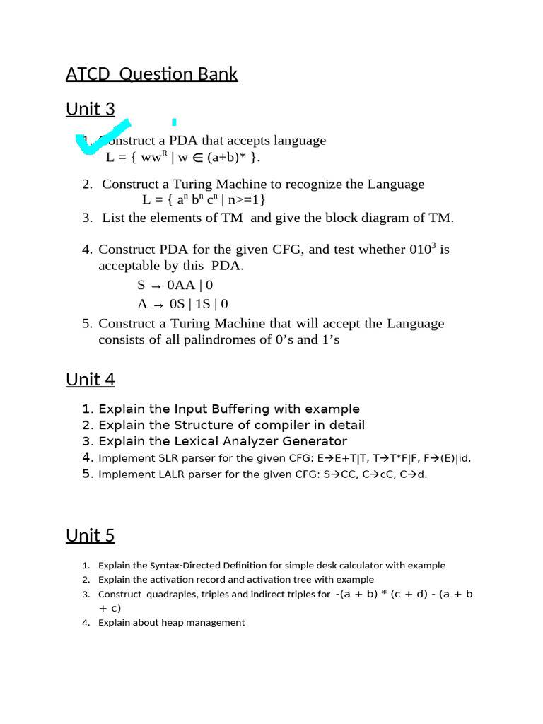ATCD Question Bank: PDA & Turing Machine Concepts | PDF