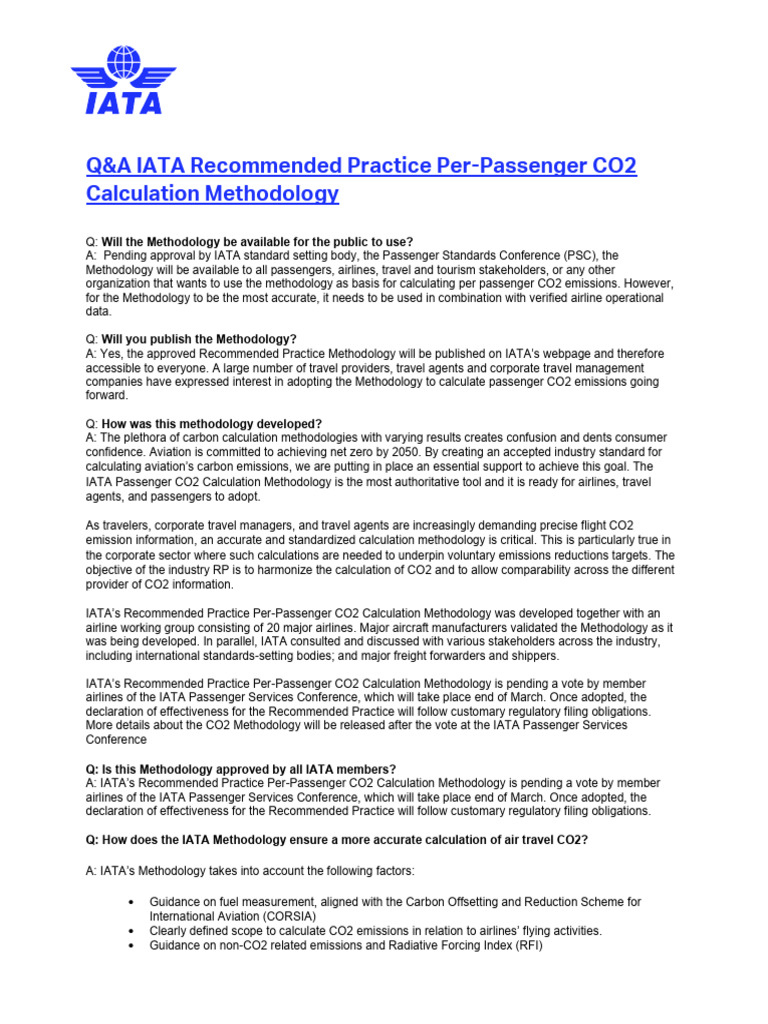 Qa Iata RP Per Passenger Co2 Calculation Methodology | PDF | Aviation