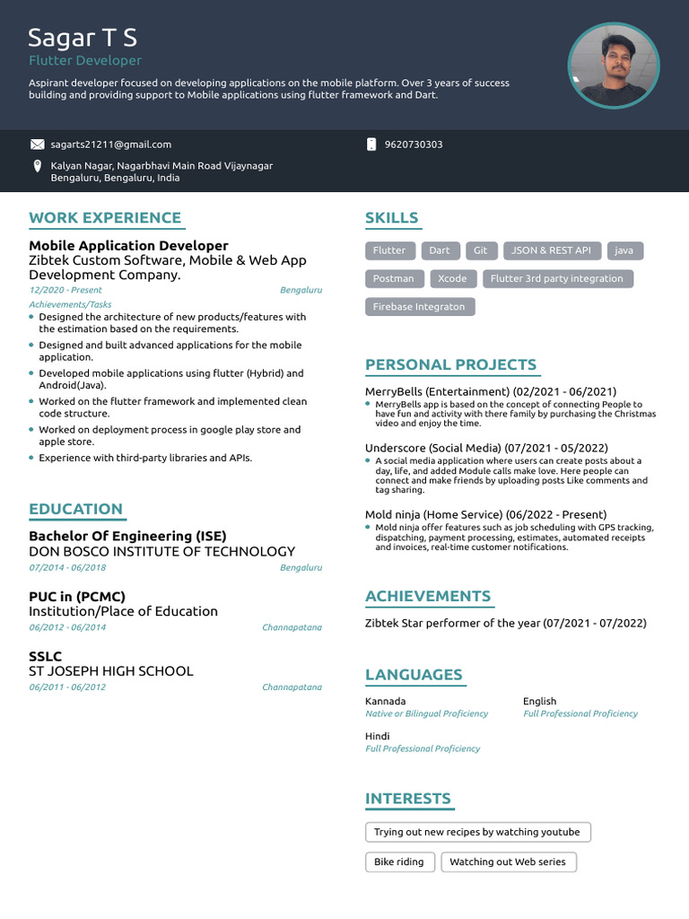Sagar T S Flutter | PDF | Mobile App | Application Software