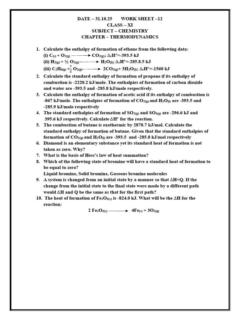 Classxi Chemistry Worksheet No.12 Date28.10.251 | PDF