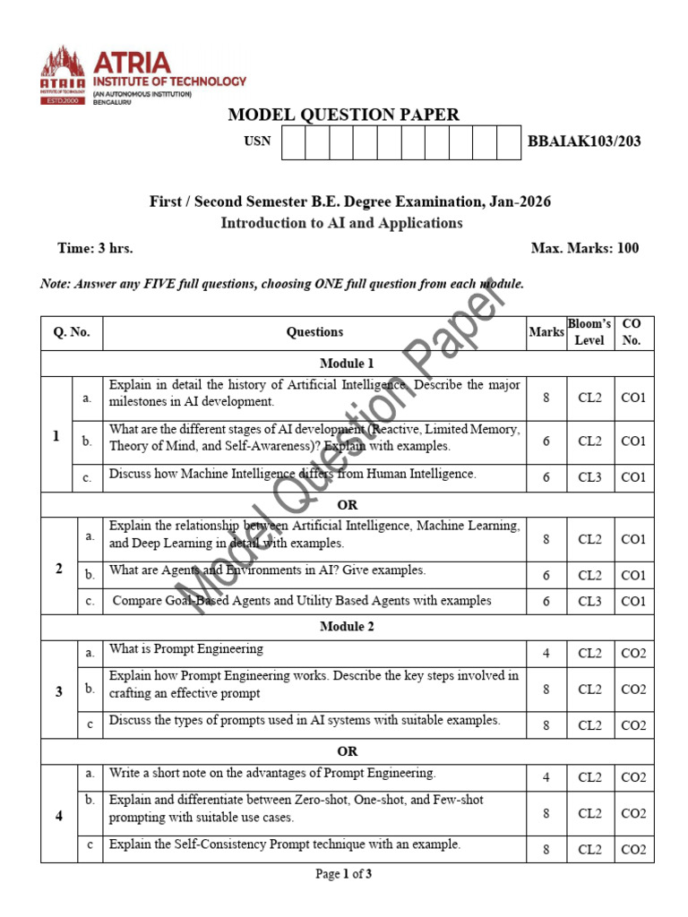 B.E. Exam Model Paper: AI & Applications | PDF | Artificial ...