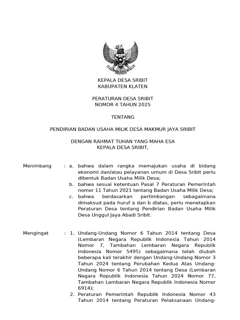 Perdes AD, Perkades ART, Program Kerja BUMDES SRIBIT | PDF