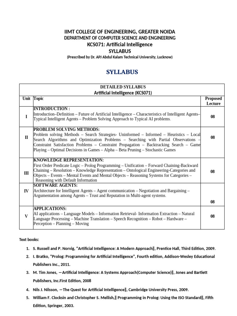 Syllabus: Iimt College of Engineering, Greater Noida KCS071: Artificial ...