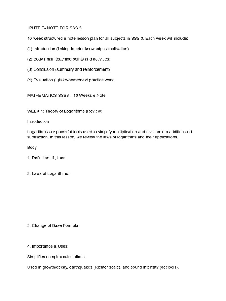 SSS 3 E-Note Lesson Plan Guide | PDF | Matrix (Mathematics) | Sphere