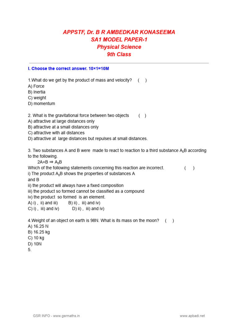 9th Class Physics SA 1 2025-26 Model Paper 1 GSR INFO-www - Gsrmaths.in ...