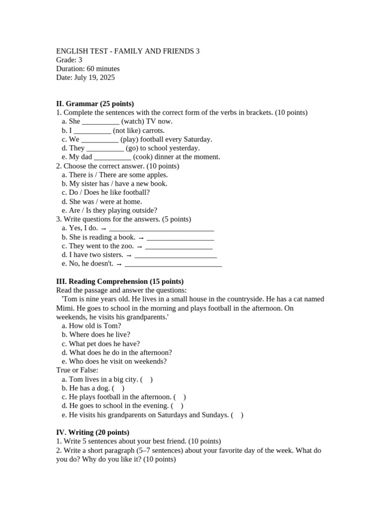 English Test Family and Friends 3 Grade3 Final | PDF | Language ...