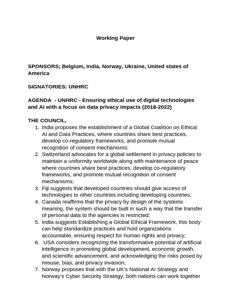 Working Paper For MUN Model United Nations | PDF | Artificial Intelligence | Intelligence (AI ...