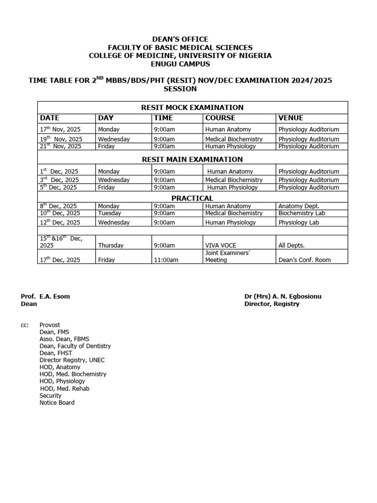 Timetable For 2nd MBBS-BDS-PHT Nov-Dec Resit Exam 2025 - 031341 | PDF