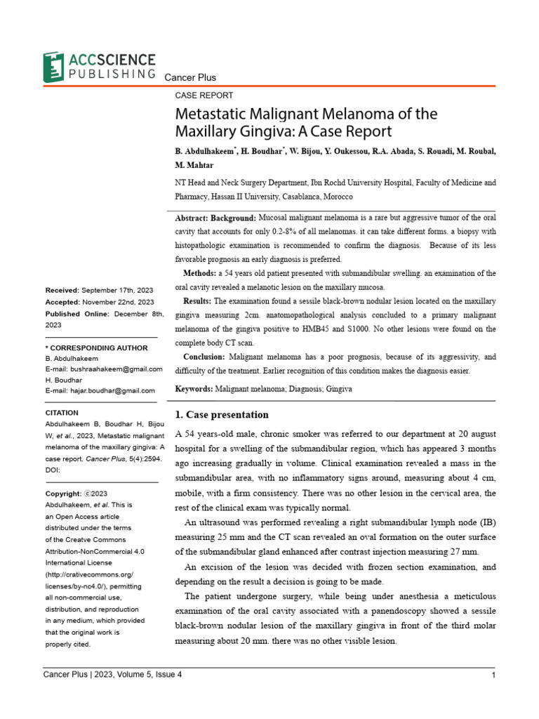 Metastatic Malignant Melanoma of The Maxillary Gingiva A Case Report ...