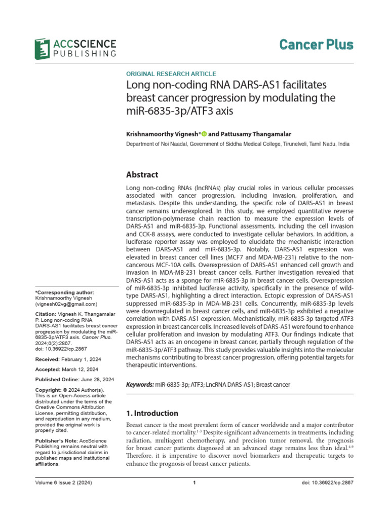 Long Non-coding RNA DARS-AS1 Facilitates | PDF | Cancer | Real Time ...
