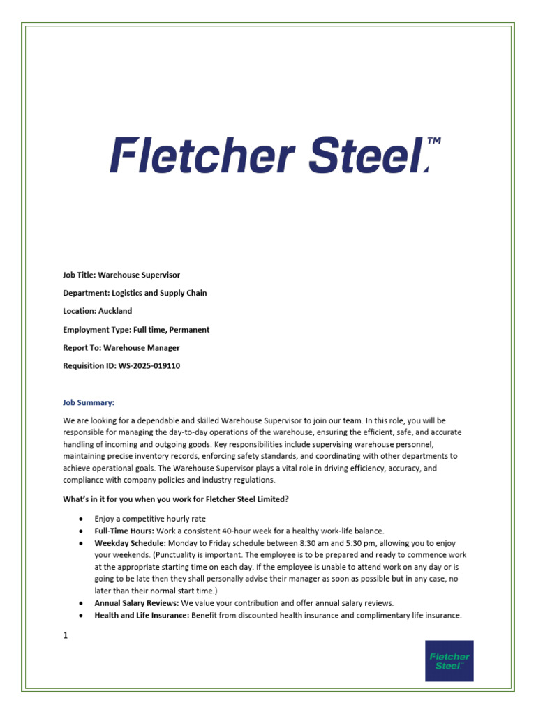 Fletcher Steel Warehouse Supervisor Job Description | PDF | Employment ...