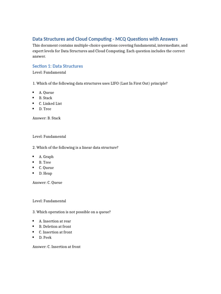 Data Structures and Cloud Computing MCQs | PDF | Cloud Computing | Software As A Service