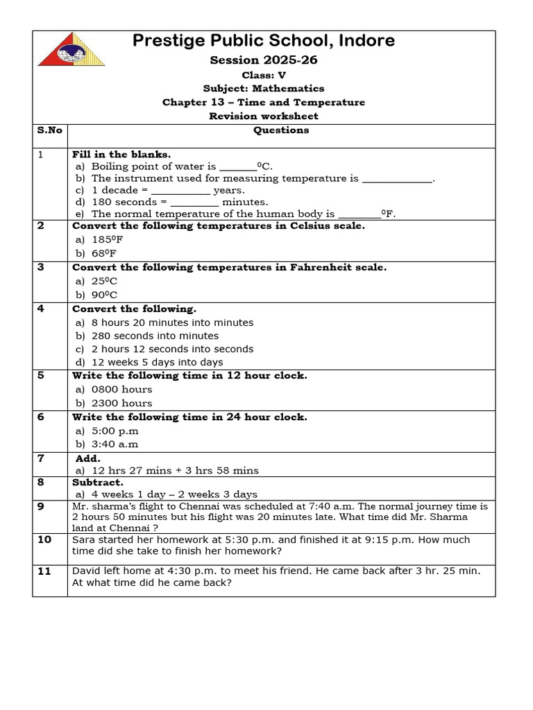 Class V Math Worksheet: Time & Temperature | PDF