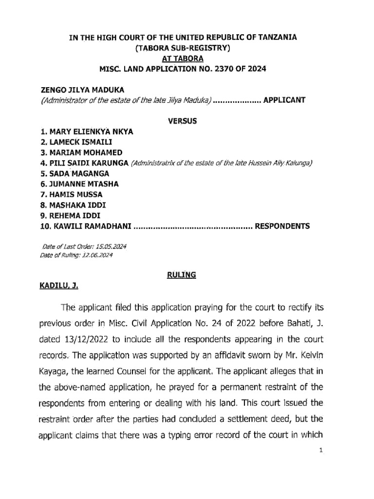 Zengo Jilya Maduka Vs Mary Elienkya Nkya and 9 Others 2024 TZHC 5684 ...