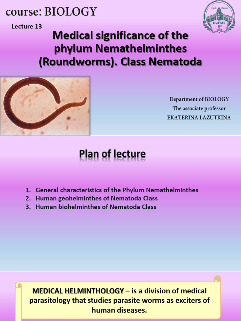 Lecture 13. Nemathelminthes | PDF | Nematode | Parasitology