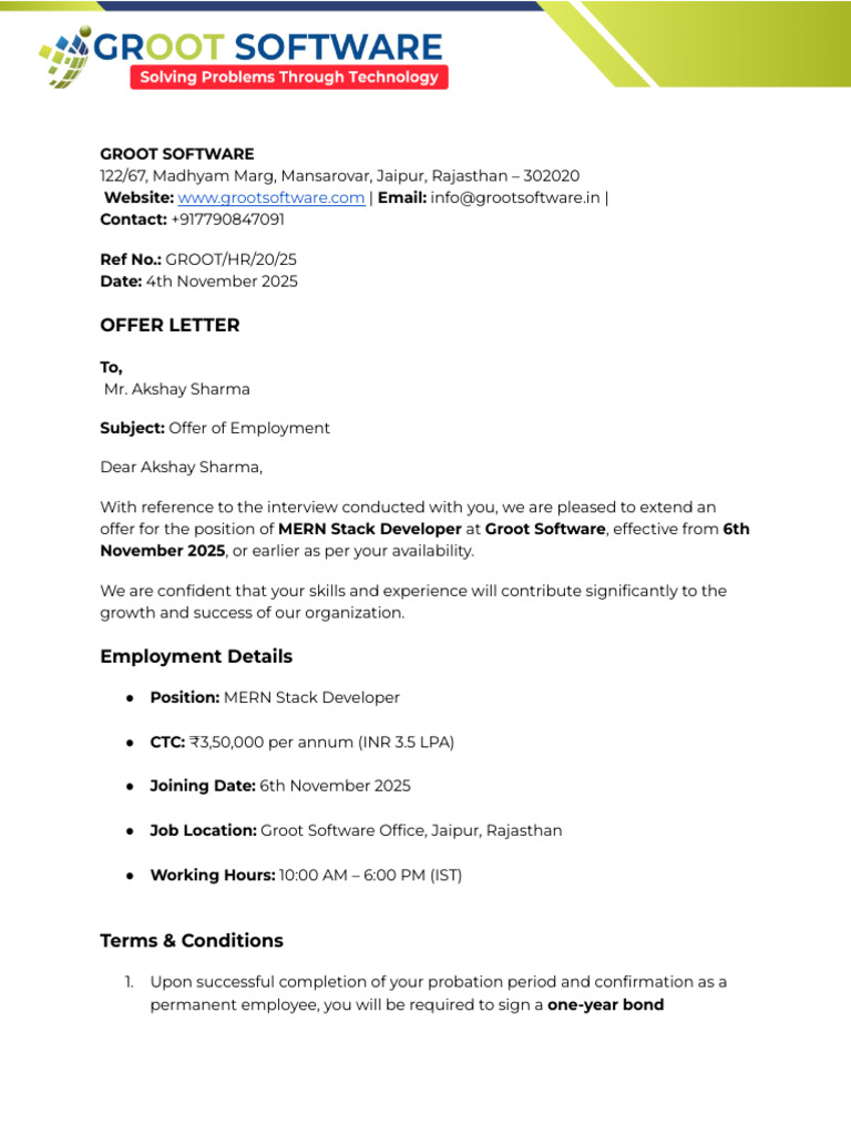 OFFER LETTER MERN Stack Developer Akshay Sharma | PDF